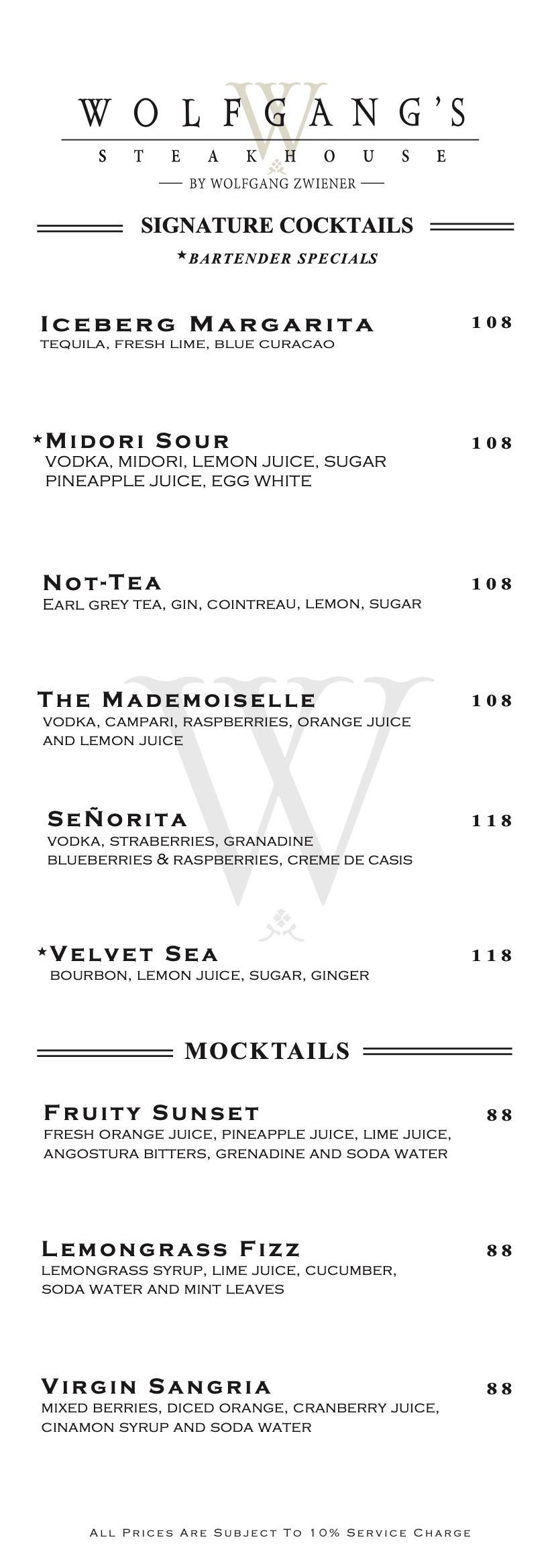 Wolfgang's SteakHouse Menu